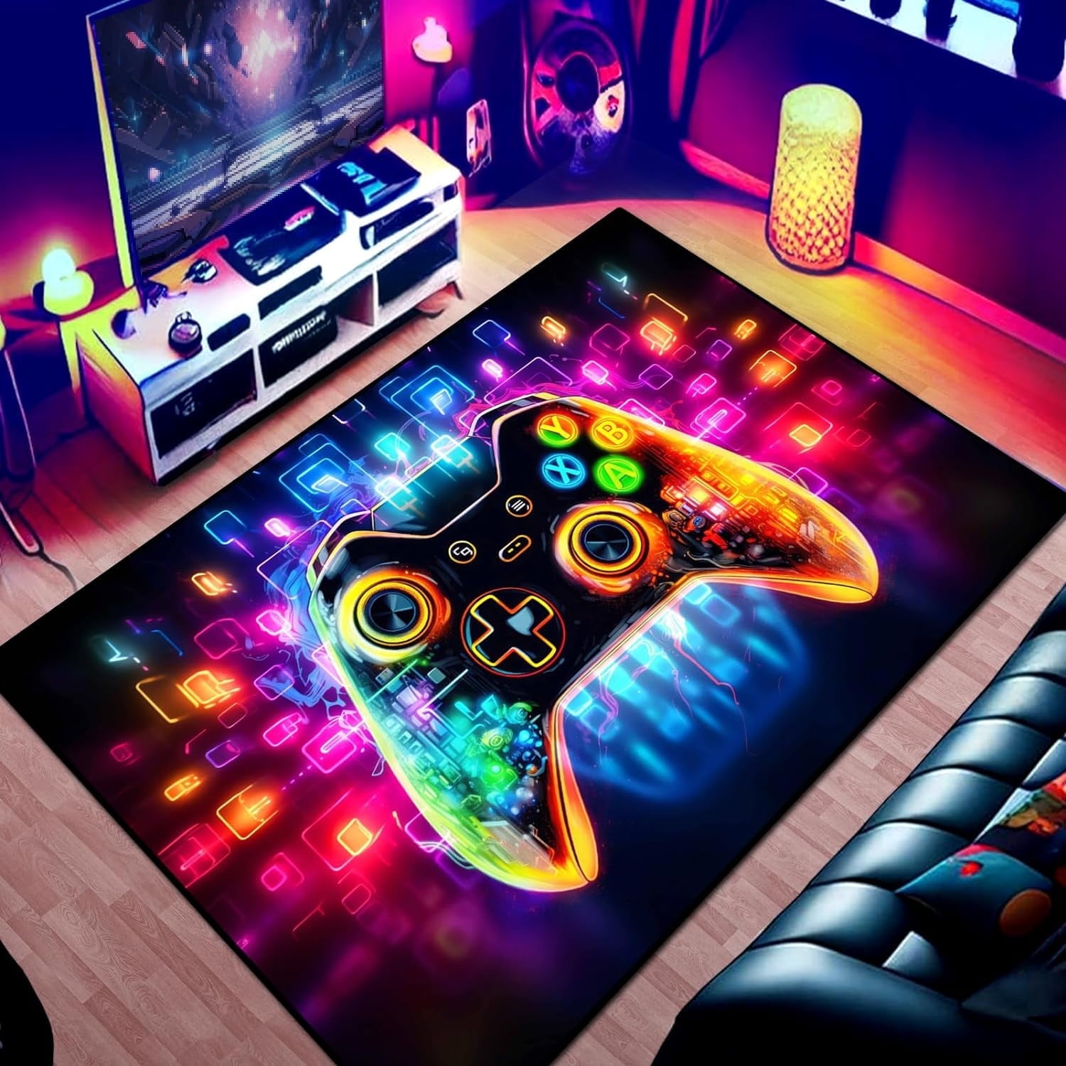 Gaming Area Rug Teen Boys Carpet, Transparent Gamepad and Colorful ...