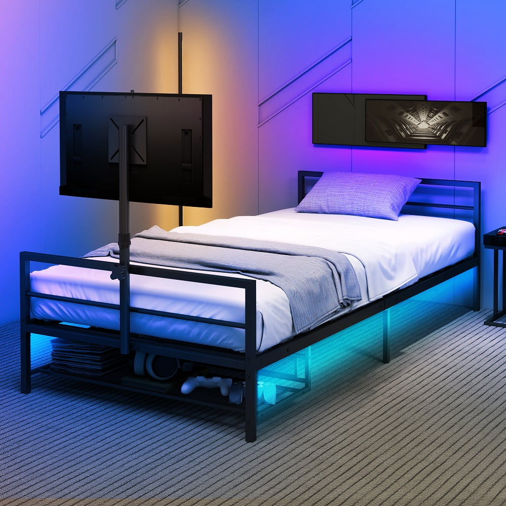 Gaming Bed With Rotating TV Mount And Metal Mesh Frame,Vented Console ...