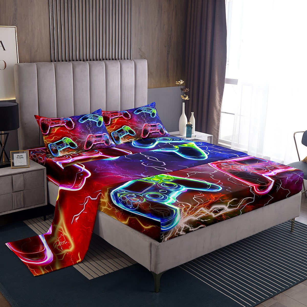 Gaming Bed Sheets Set Gamer Sheet Set King,Red Blue Lightning Sheets ...