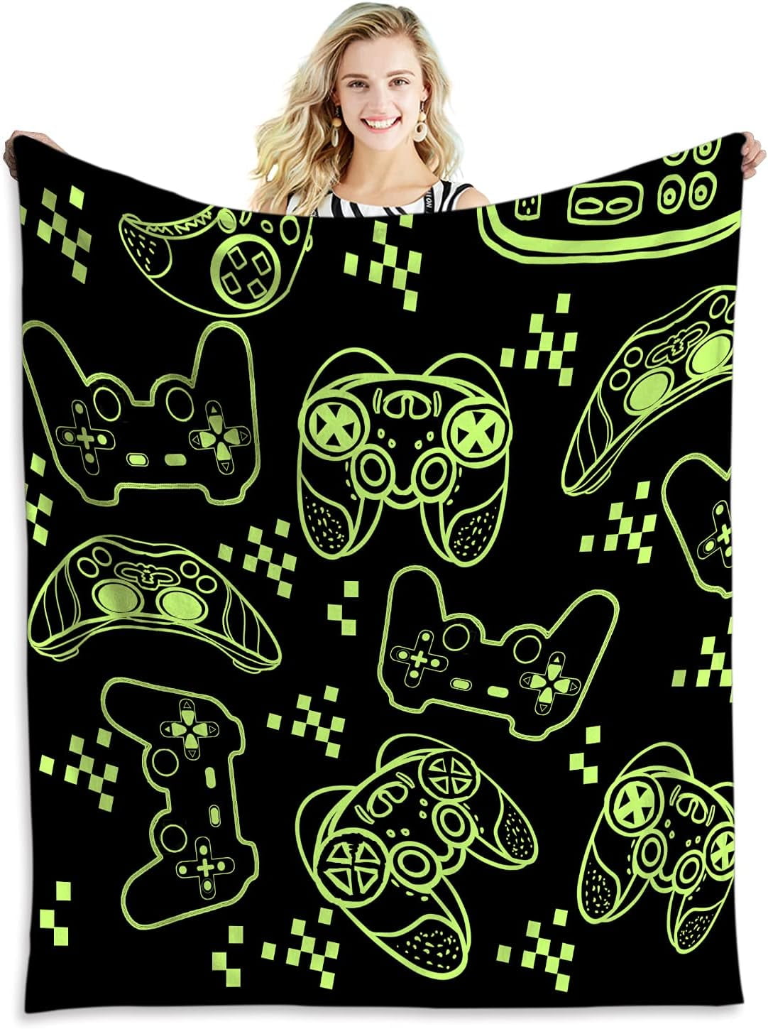 Gaming Bedding Blanket Black Green Game Blanket Soft Fleece Gamer Throw ...