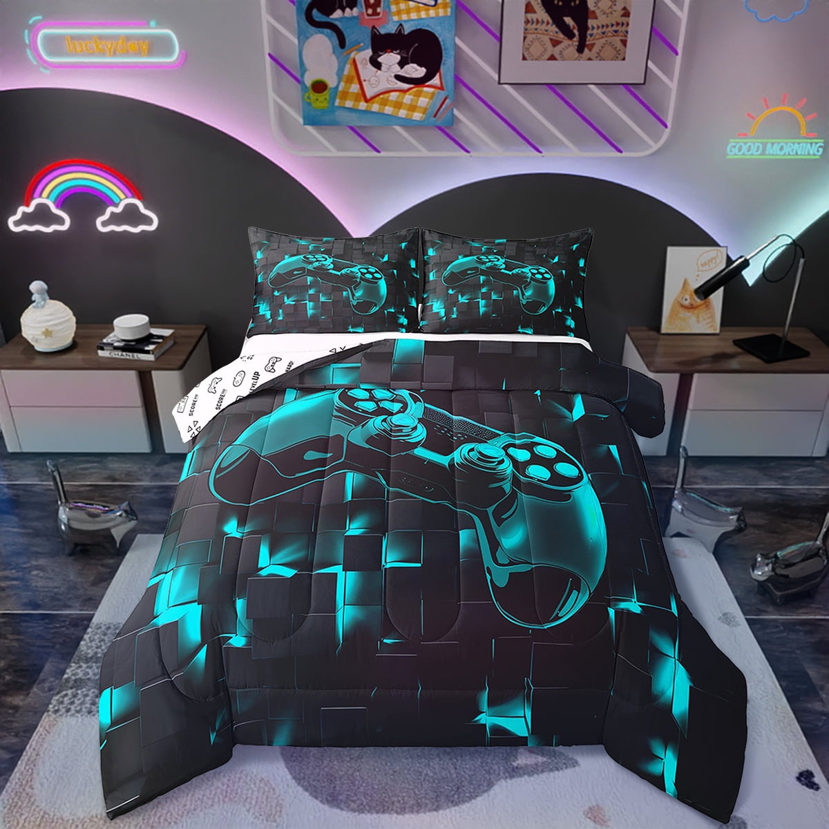Gaming Bedding Full Size Teens Gamer Comforter Set, Teal Blue Neon ...