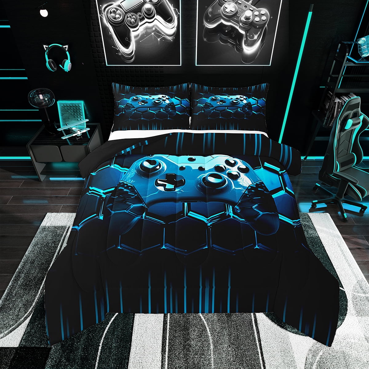 Gaming Bedding Set for Boys Blue Gamer Comforter Set Full Honeycomb ...