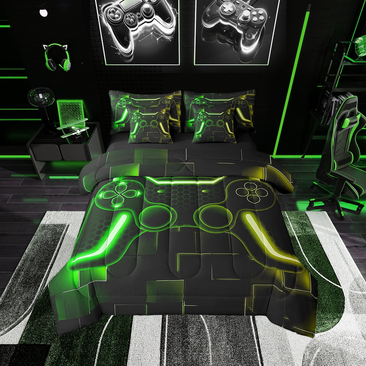 Gaming Bedding Set Yellow Green Gamer Bed In A Bag With Sheets Teen ...