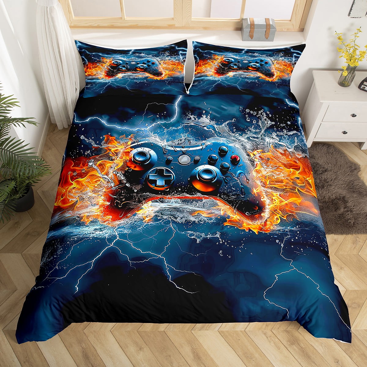 Gaming Bedding Set Full Teen Video Game Duvet Cover Water and Fire ...