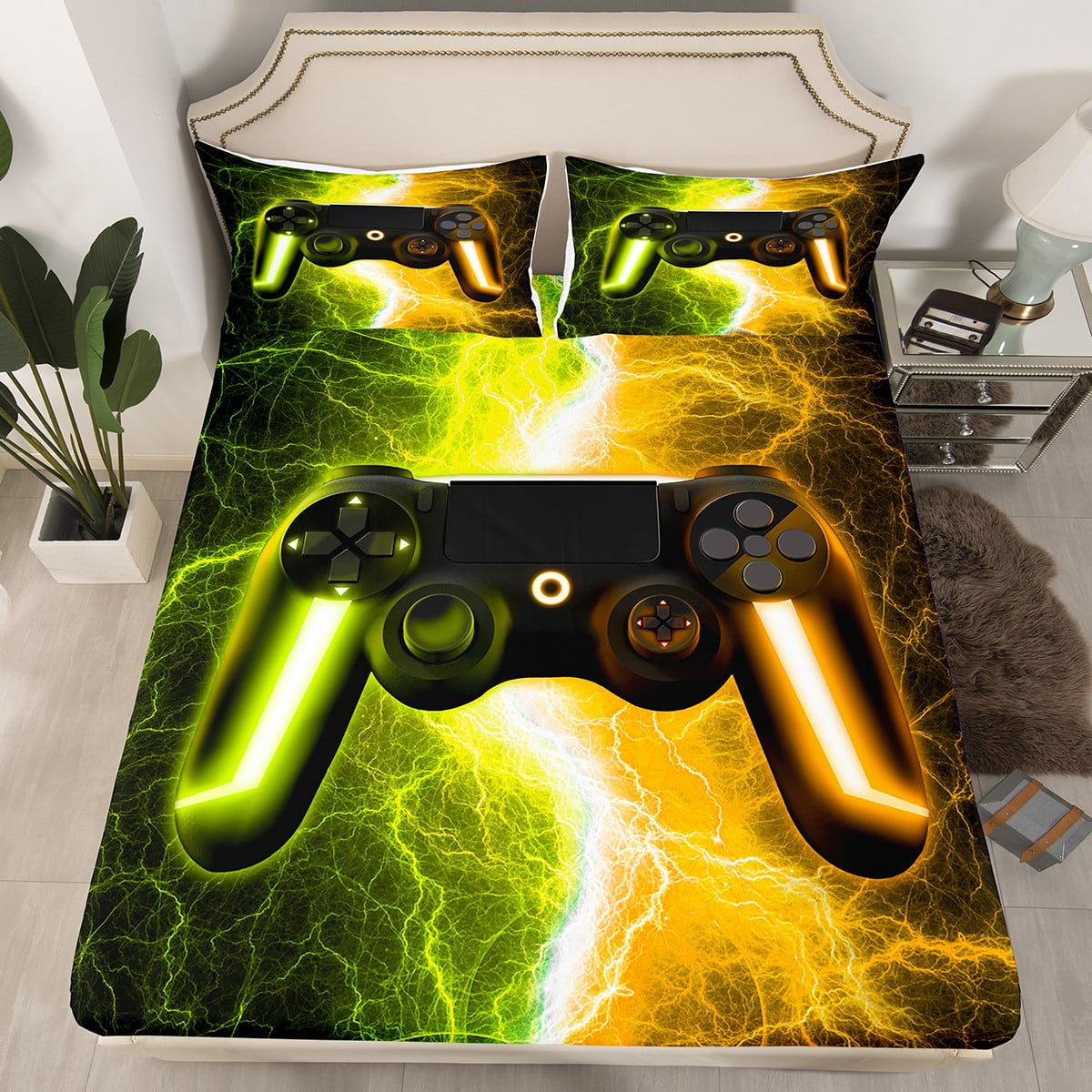 Gaming Bedding Set Full Size Gamer Fitted Sheet,Yellow Green Lightning ...