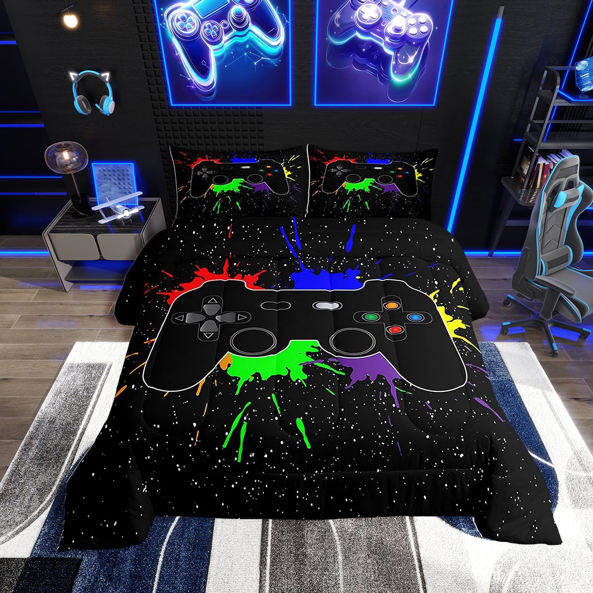Gaming Bedding Set Queen Size Gamer Comforter Set Teens Soft Microfiber ...