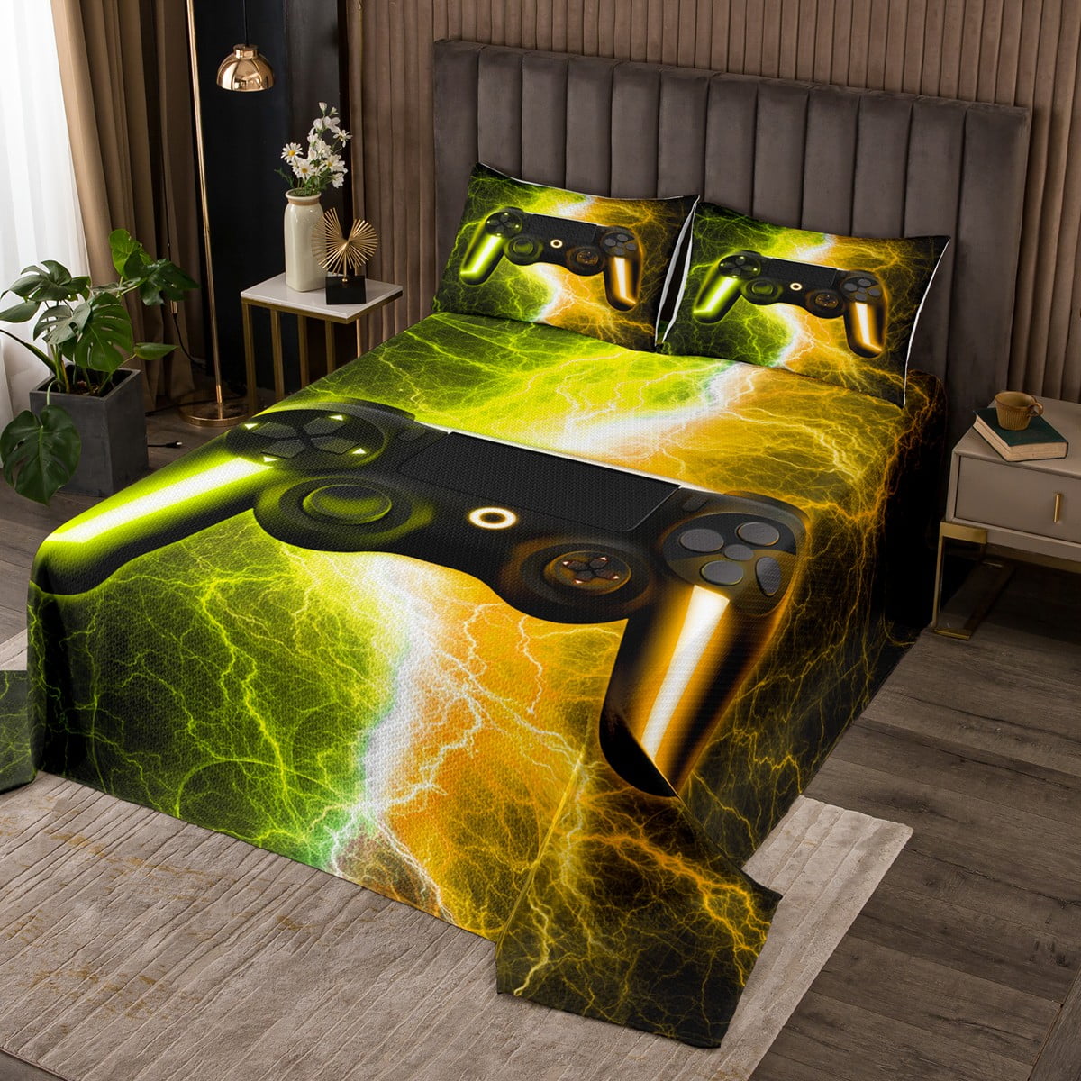Gaming Bedding Set Queen Size Gamer Quilt Set,Yellow Green Lightning ...