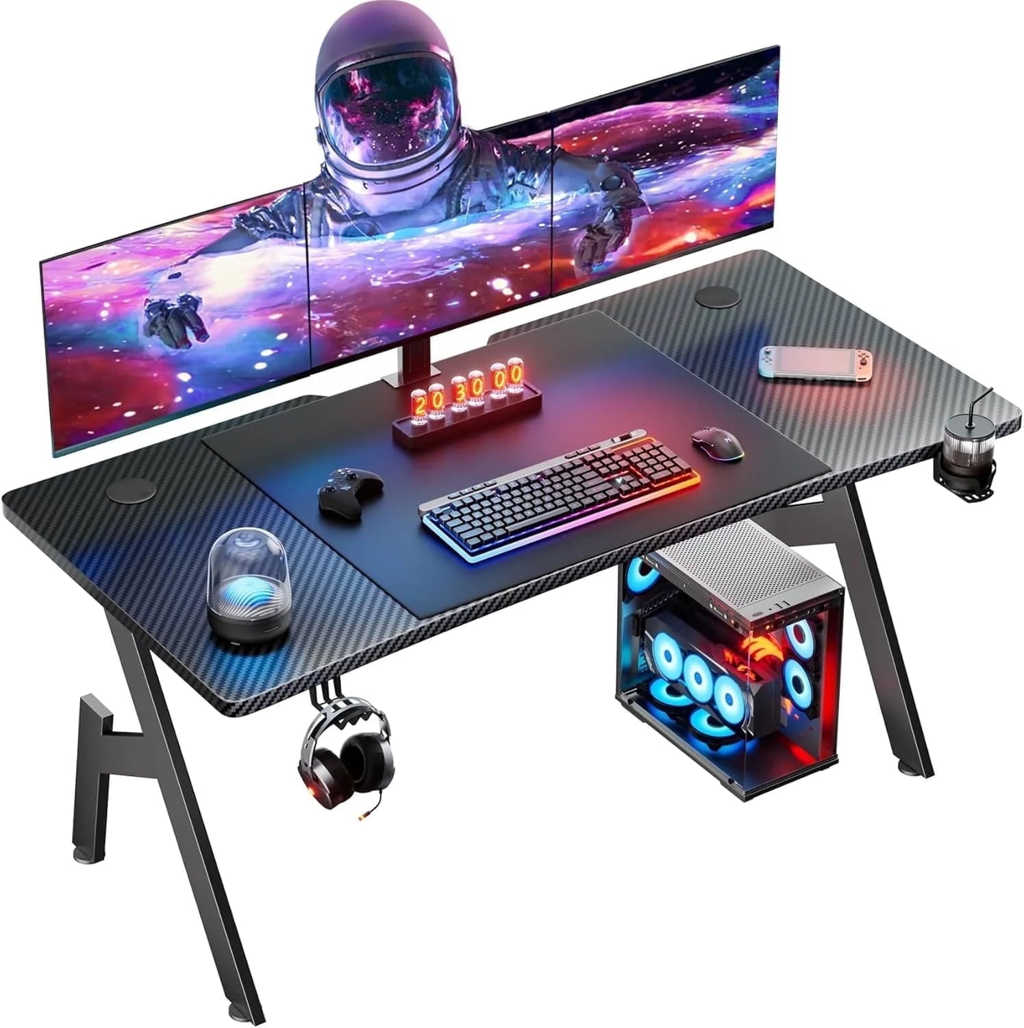 Gaming Carbon Fibre and Ergonomic Rectangular Desk with Headphone Hook ...