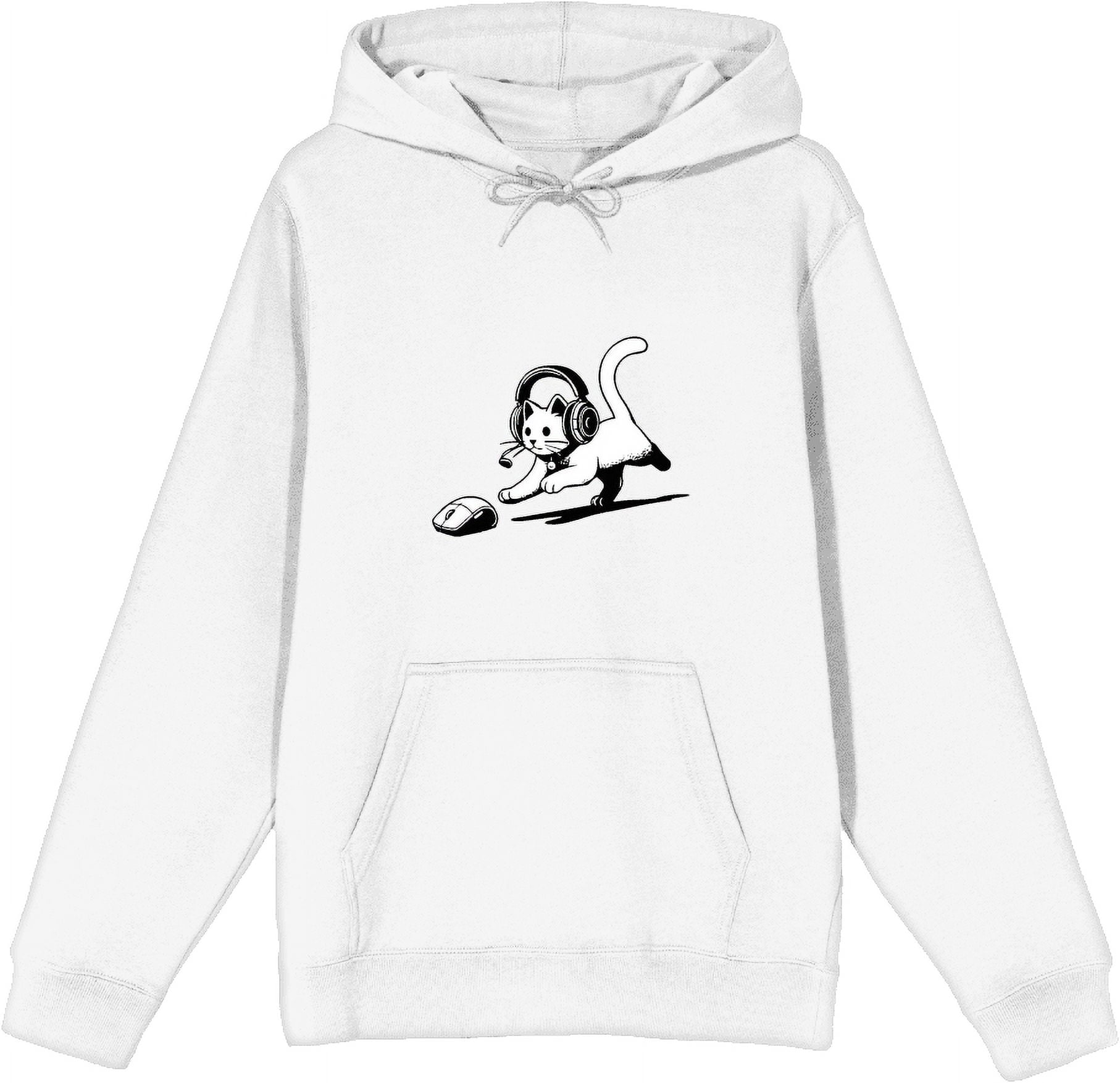 Gaming Cat Chasing Computer Mouse Adult White Long Sleeve Hoodie-Large ...