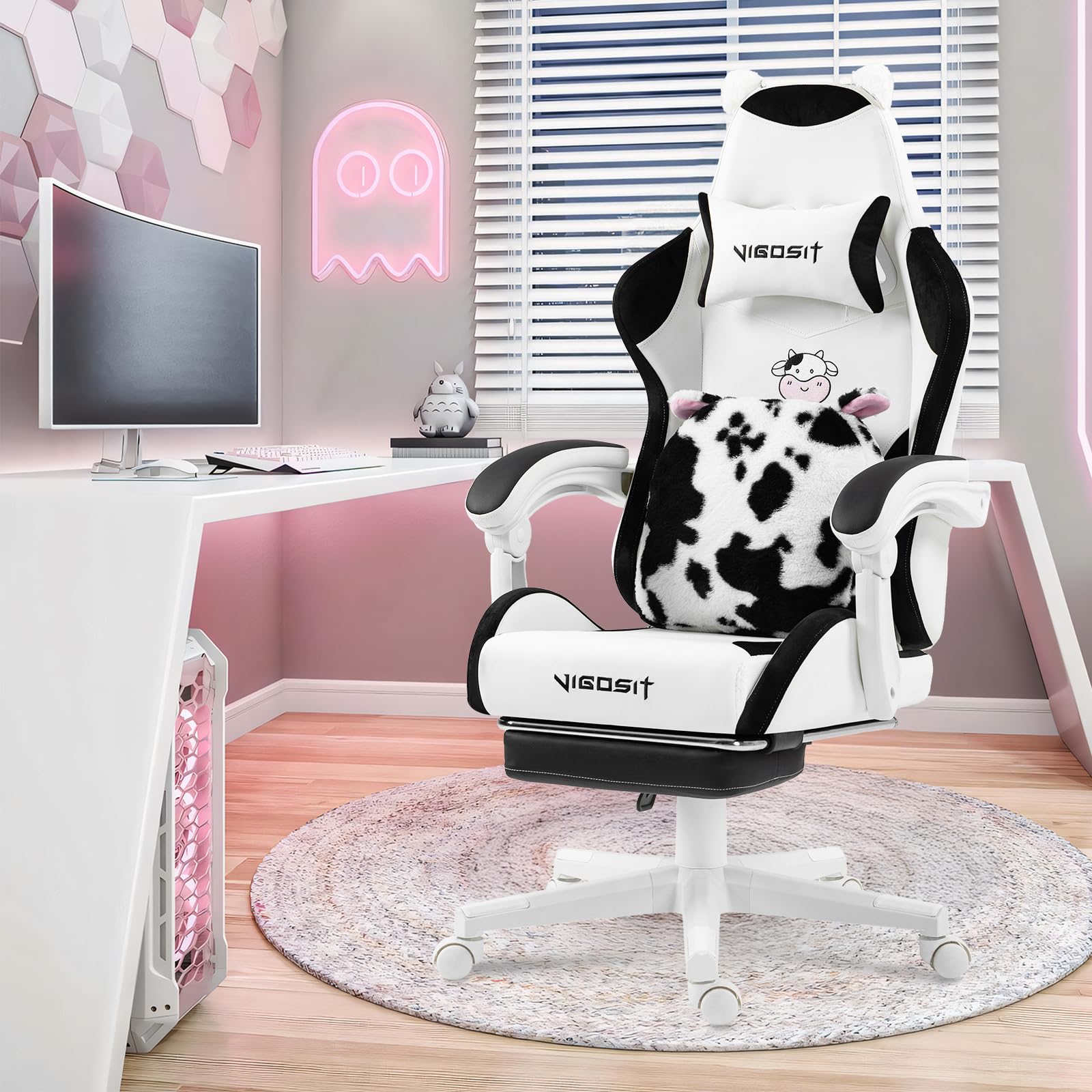Gaming Chair Cute with Ears and Kawaii Cushion, Ergonomic Computer Game ...