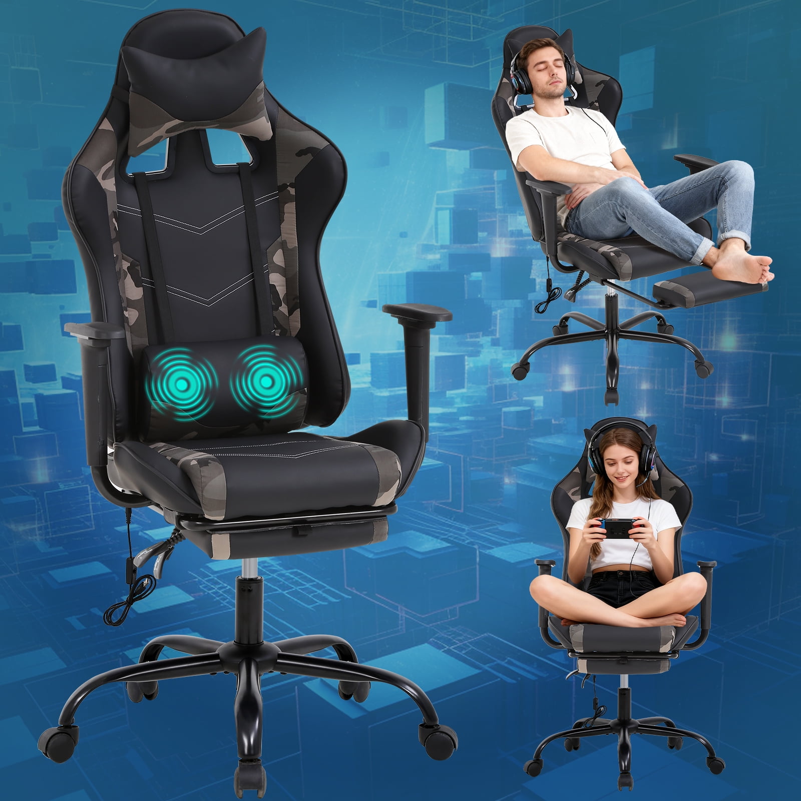 NiamVelo Massage Gaming Chair with Footrest, High Back Gamer Chair ...