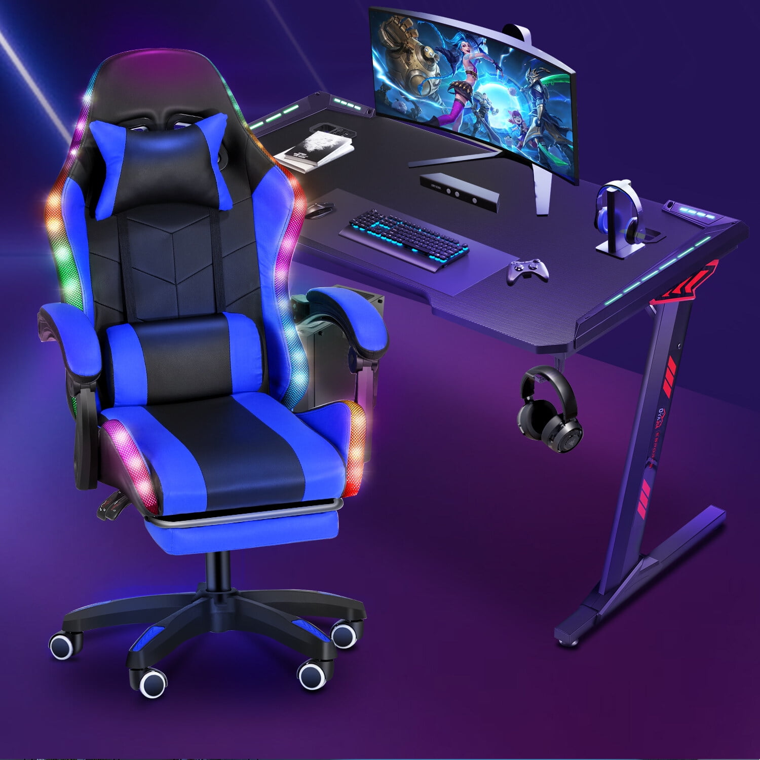 Gaming Chair with LED Lights Ergonomic Computer Chair with Footrest ...