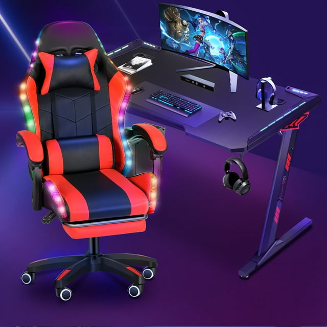 Gaming Chair with LED Lights Ergonomic Computer Chair with Footrest ...