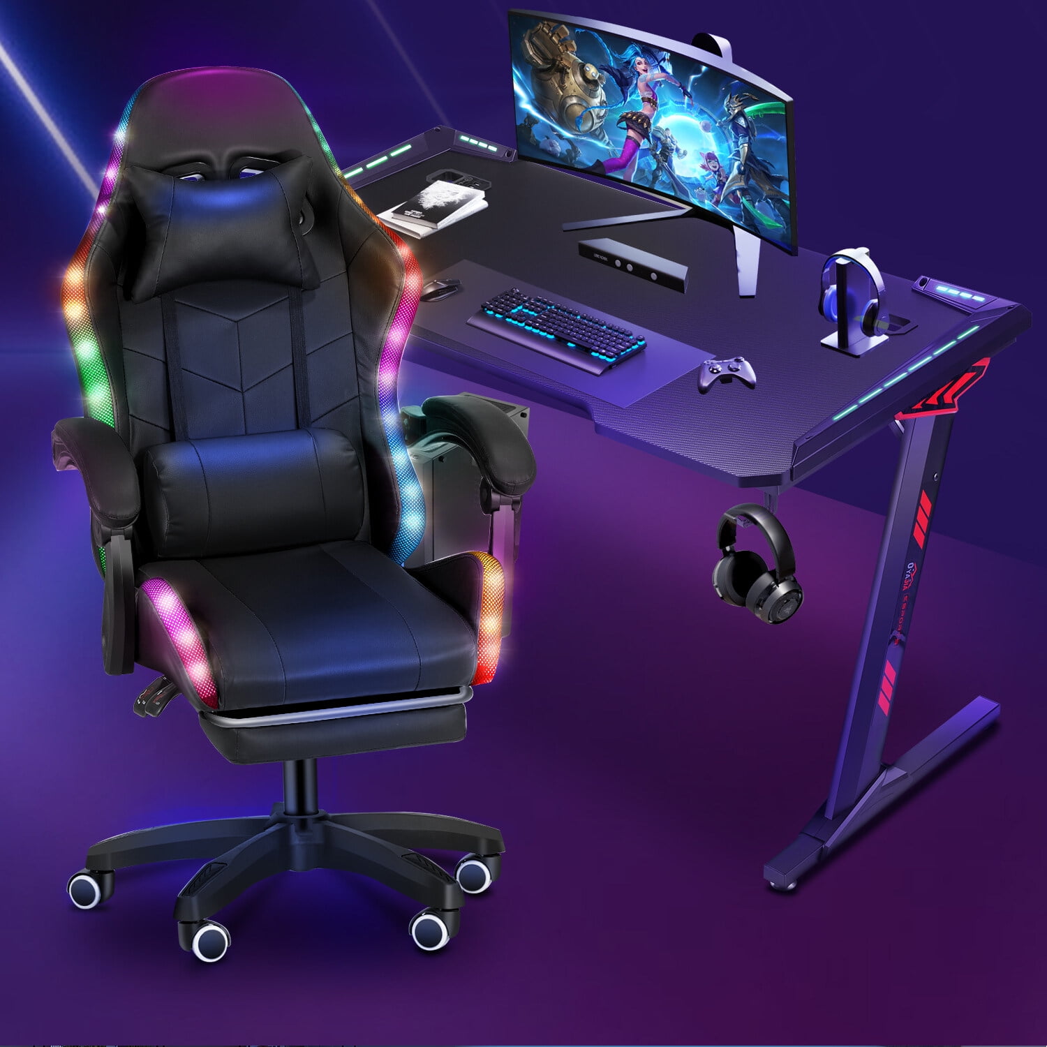 Gaming Chair with LED Lights Ergonomic Computer Chair with Massage and ...