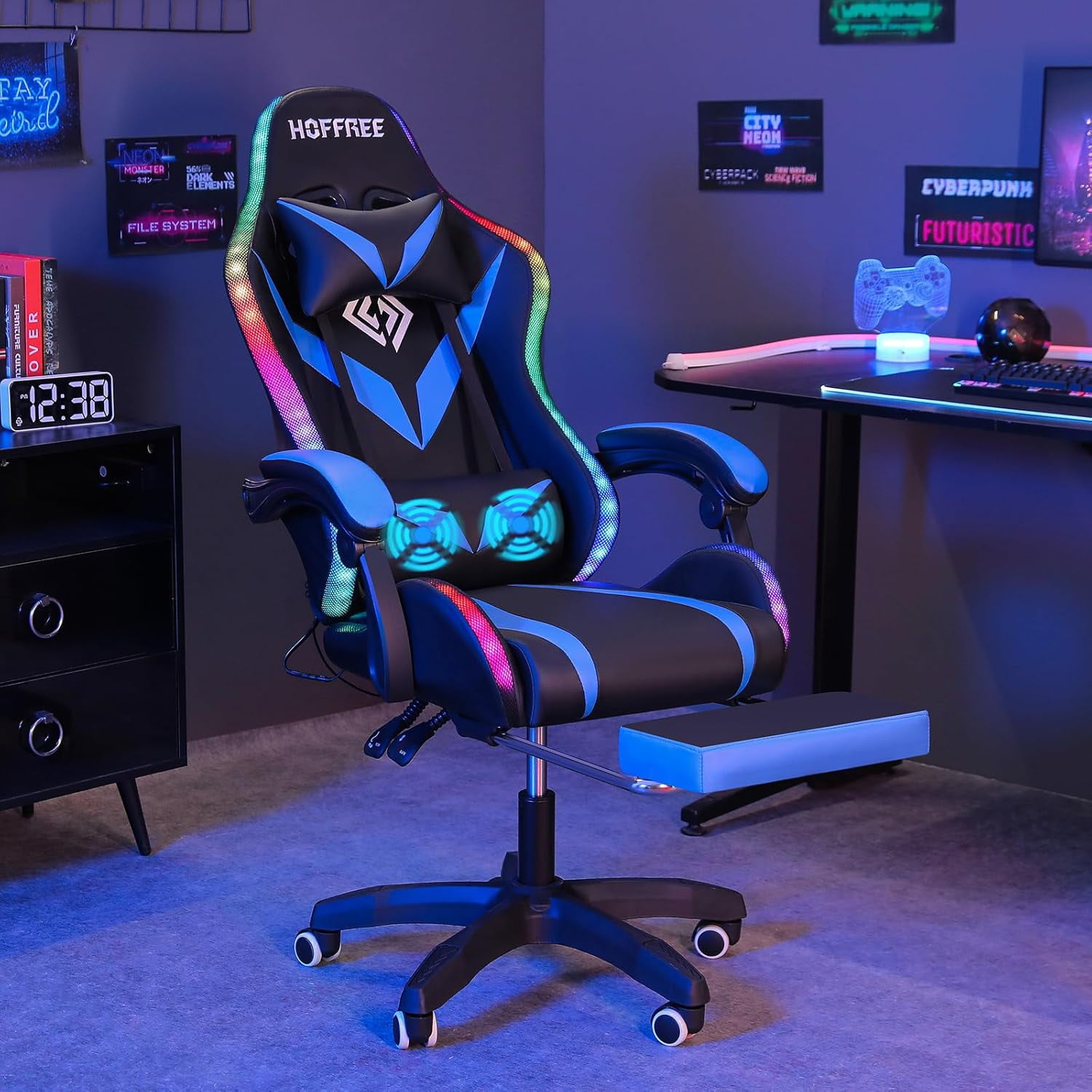 Gaming Chair with LED RGB Lights Massage Video Gamer Chairs with ...
