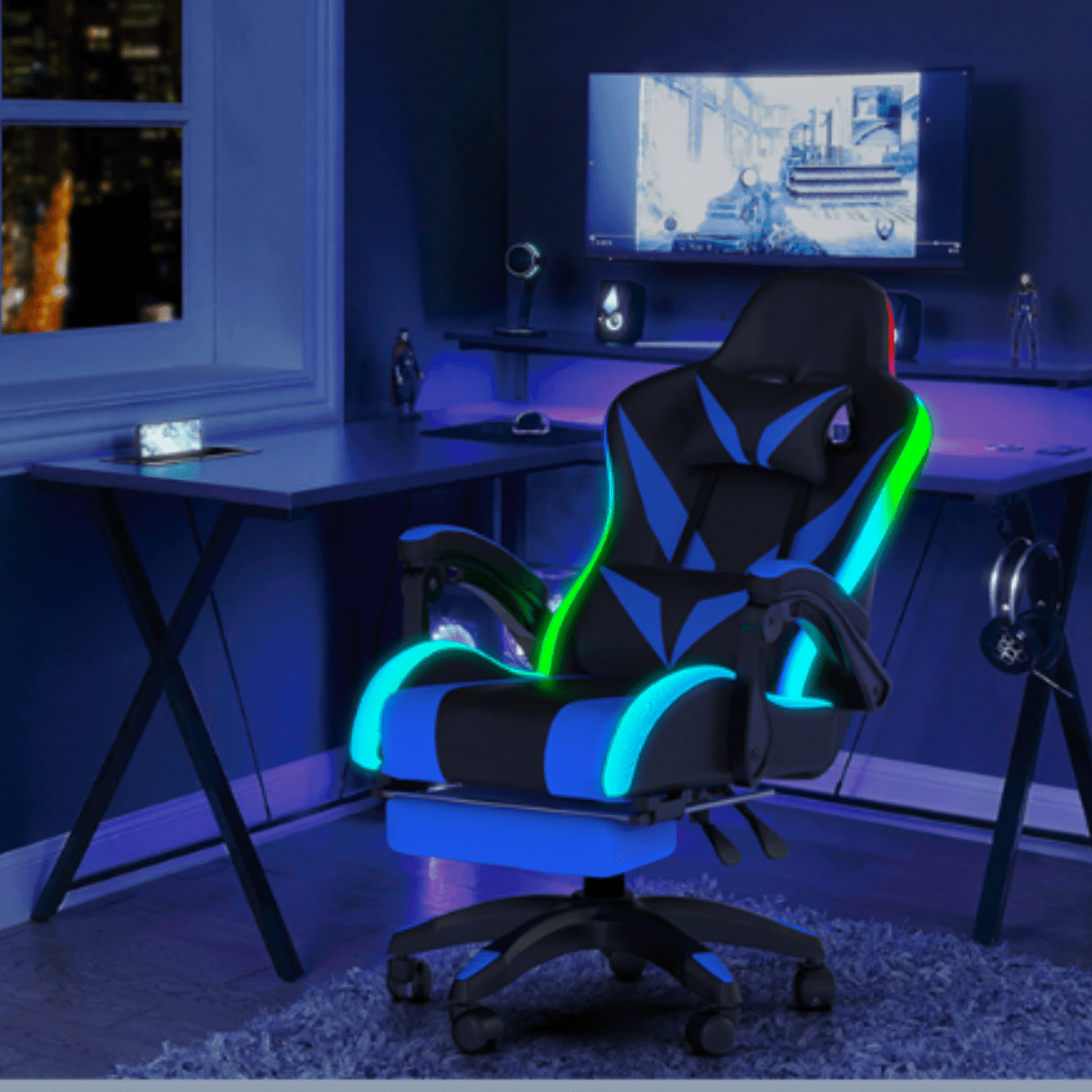 Gaming Chair, Video Game Chair with Footrest and Massage Lumbar Support ...