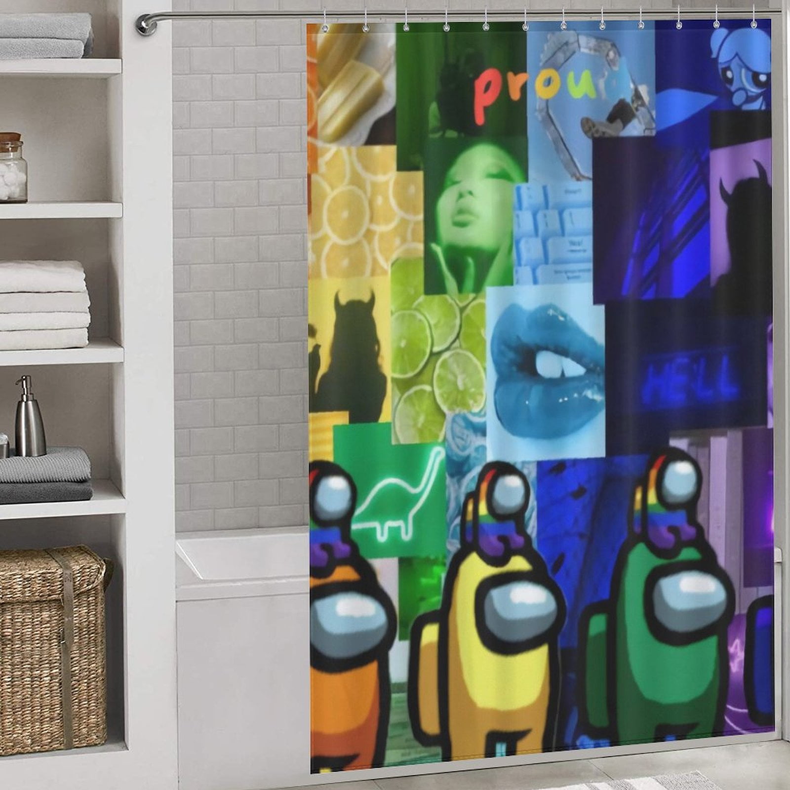 Gaming Colorful Among-Us Imposter Crewmate Shower Curtain,Shower Curtain Sets with 12 Shower ...