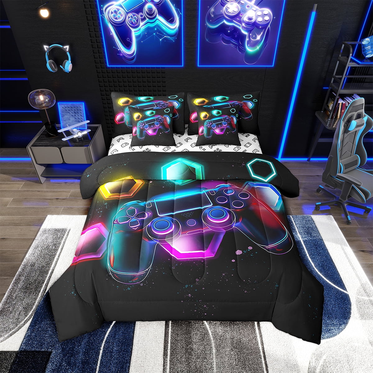 Gaming Comforter Set 7 Piece Bed in a Bag Twin,Gamer Bedding Sets Neon ...