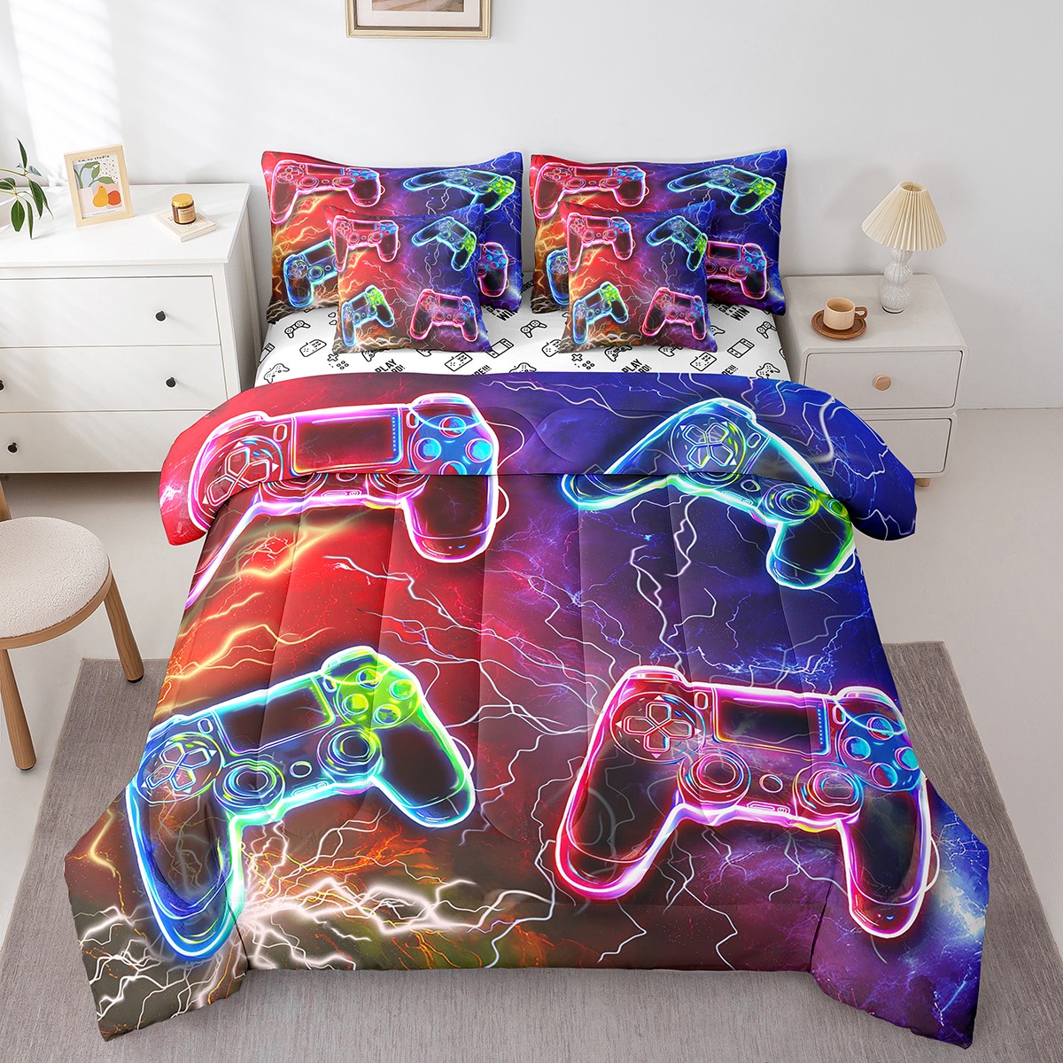 Gaming Comforter Set 7 Piece Bed in a Bag Twin,Gamer Bedding Sets Red ...