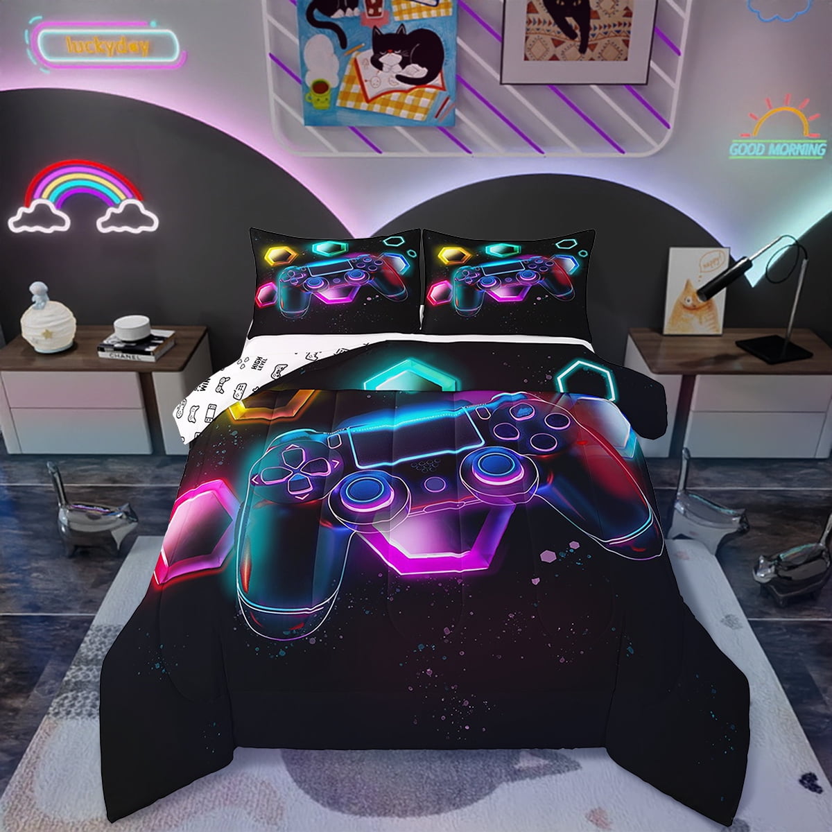 Gaming Comforter Set - Gamer Comforter Twin Bedding Sets , Neon Lights ...