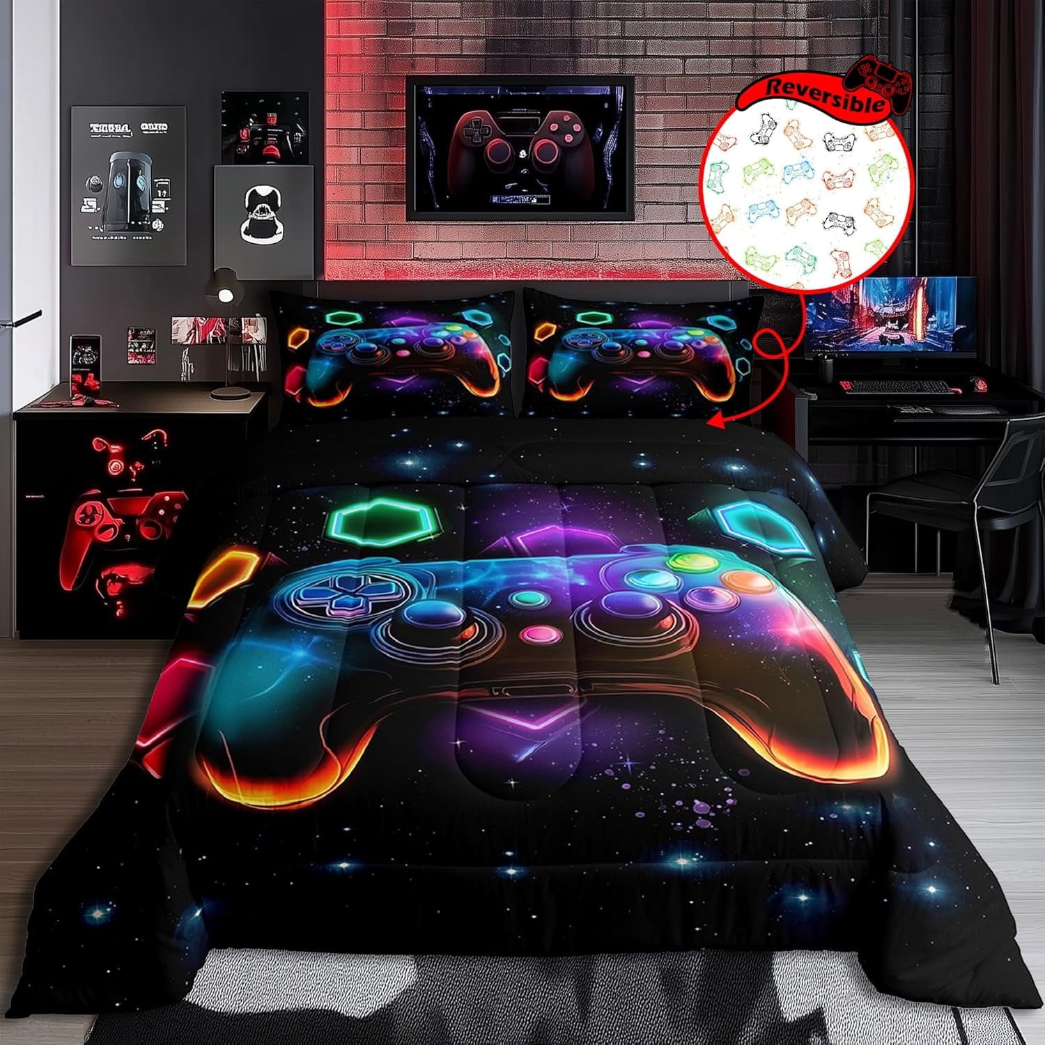 Gaming Comforter Set Twin 3pcs Microfiber,Colorful Galxy Bedding Decor ...