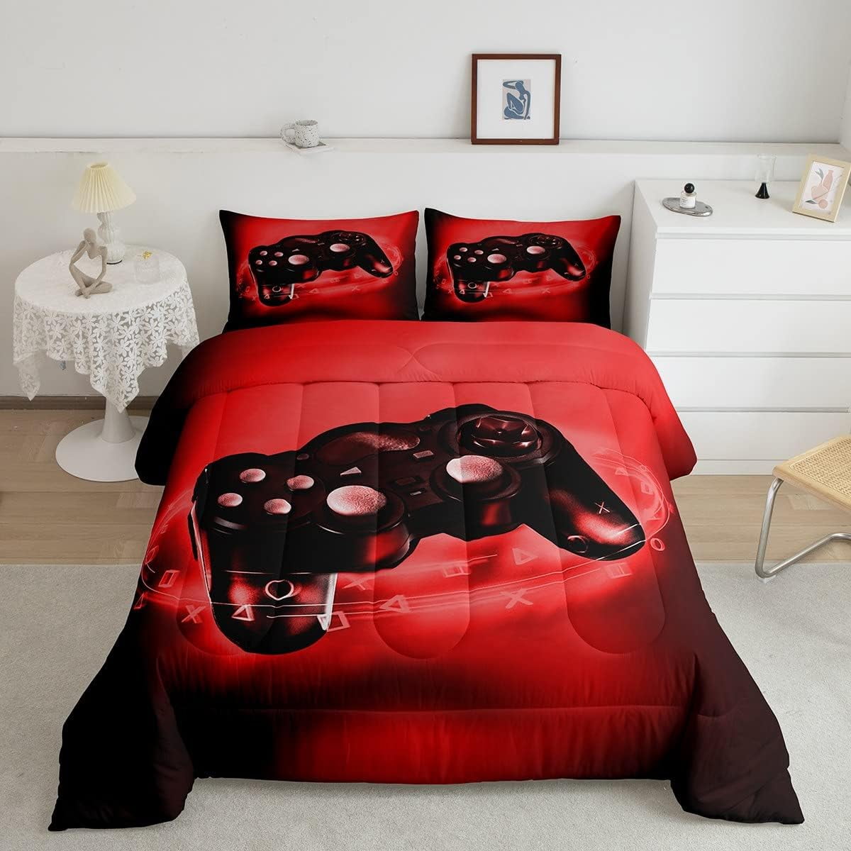Gaming Comforter Set: Video Game Bedding for Teens Boys - Red Black Gamer Quilted Duvet with ...