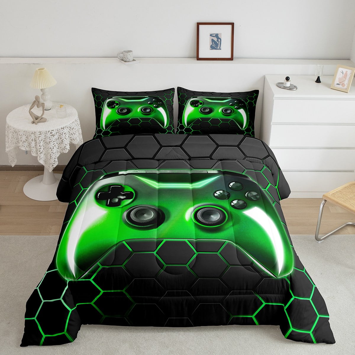 Gaming Comforter Sets for Boys Geometric Honeycomb Gamepad Bedding Twin ...