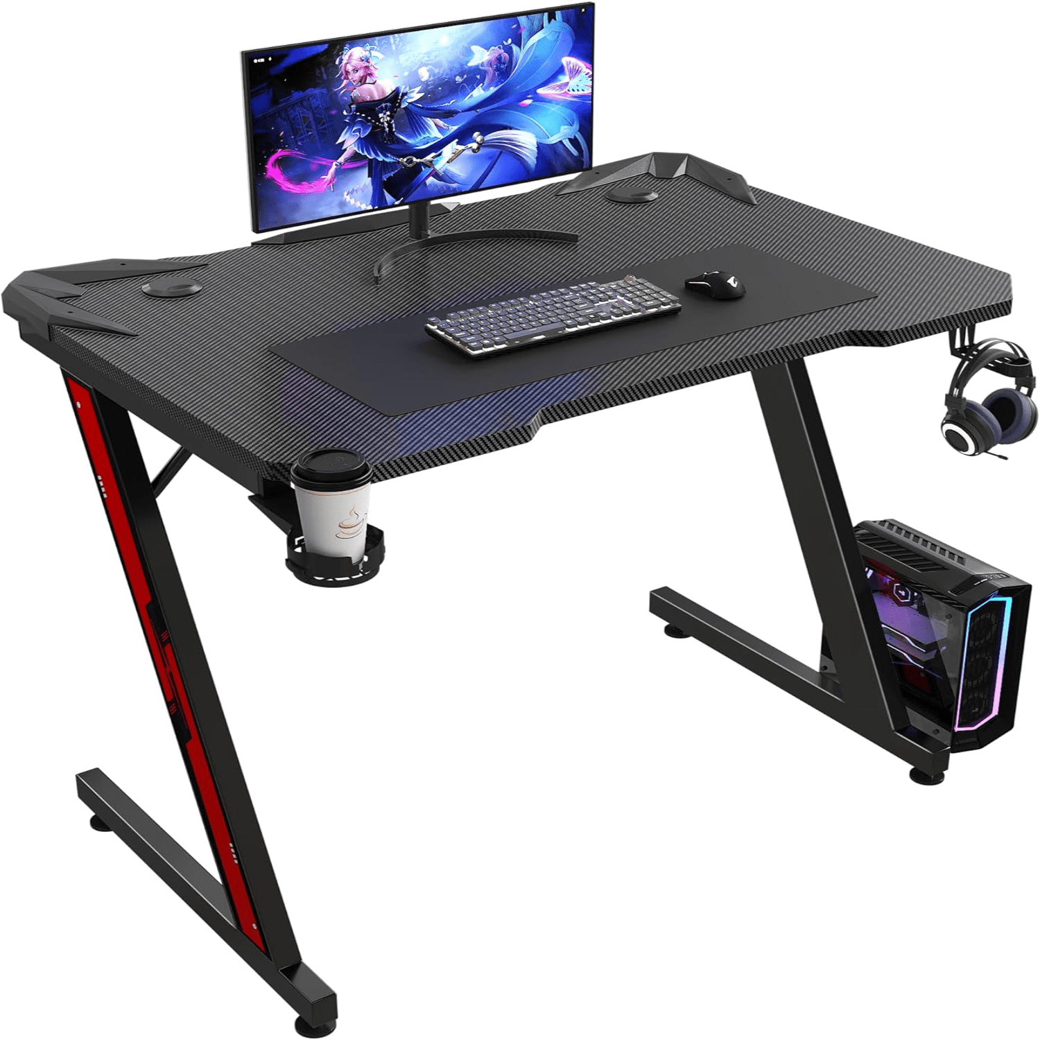 Gaming Computer Desk with Carbon Fiber Surface Gaming Table Z Shaped PC ...