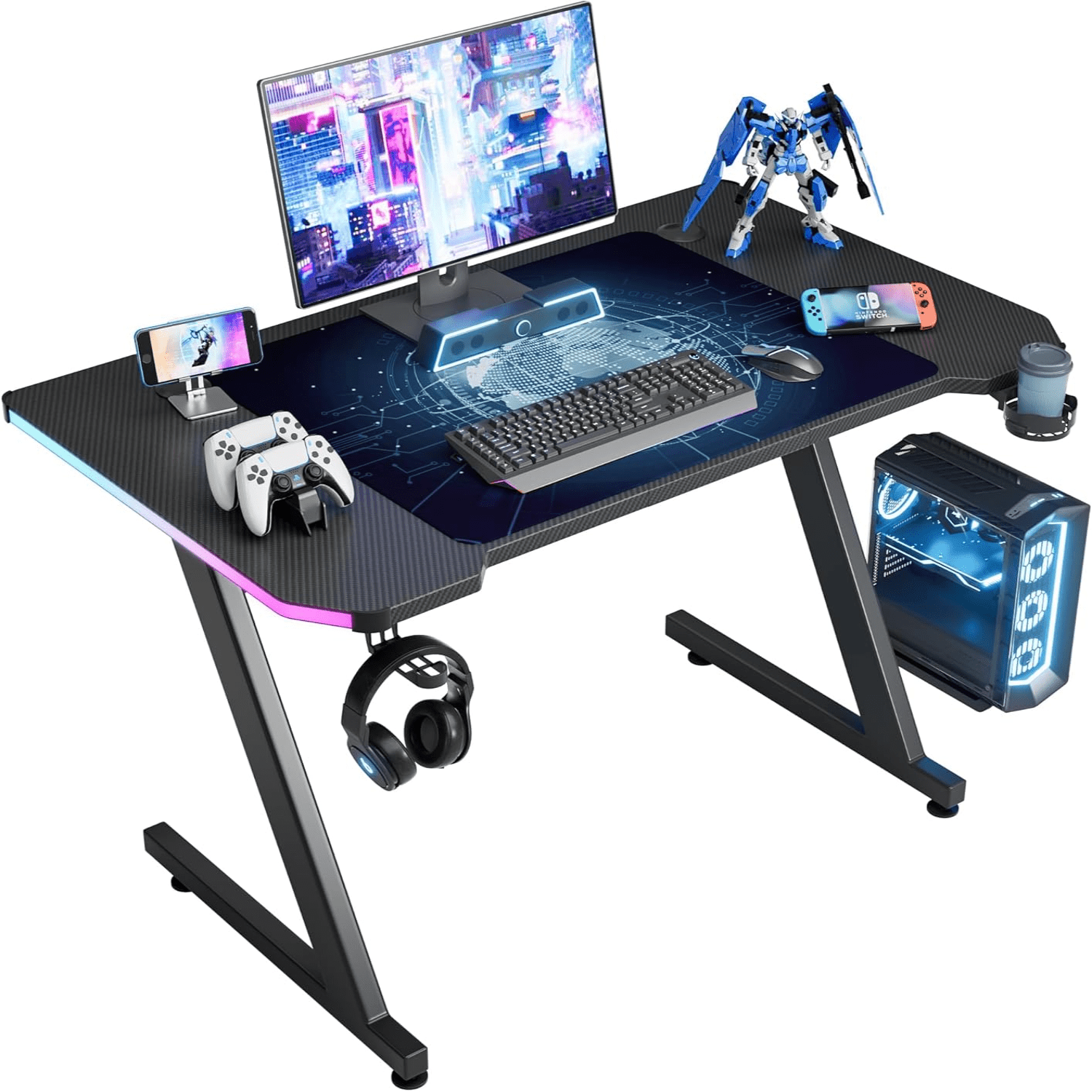 Gaming Computer Desk with Carbon Fiber Surface Gaming Table Z Shaped PC ...