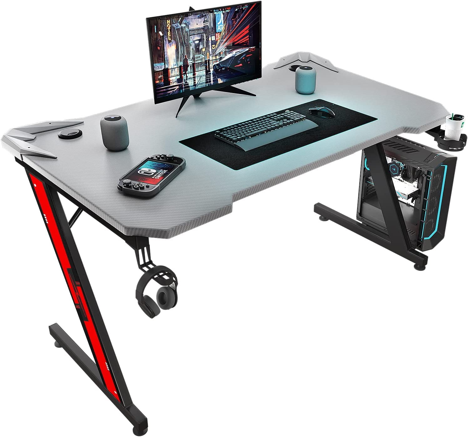 Gaming Computer Desk with Carbon Fiber Surface, Gaming Table Z Shaped ...