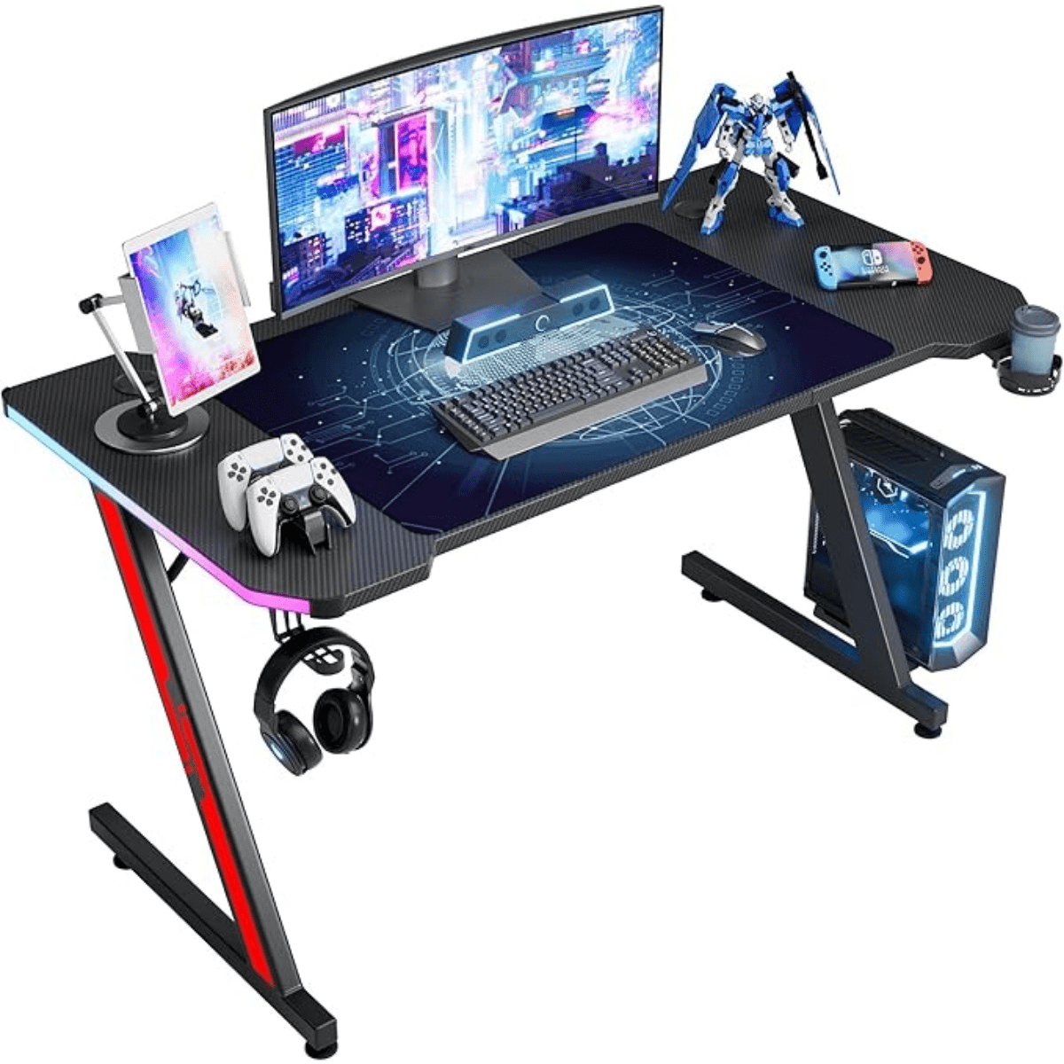 Gaming Computer Desk with Carbon Fiber Surface, Gaming Table Z Shaped ...