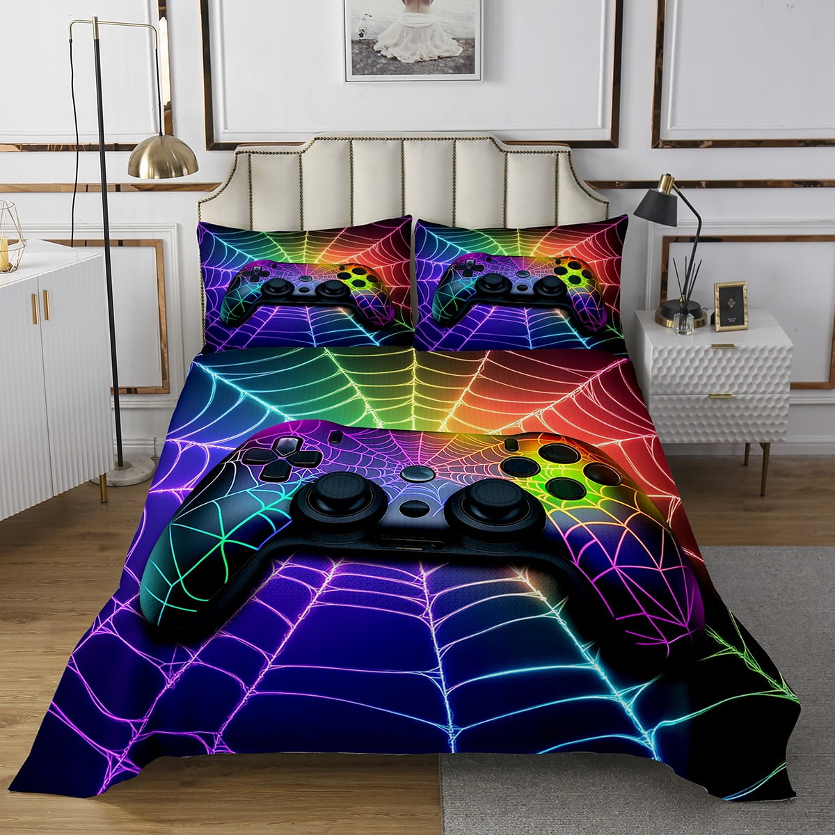 Gaming Consoles Bedspread Set Rainbow Spider Web Video Game Quilt Set ...