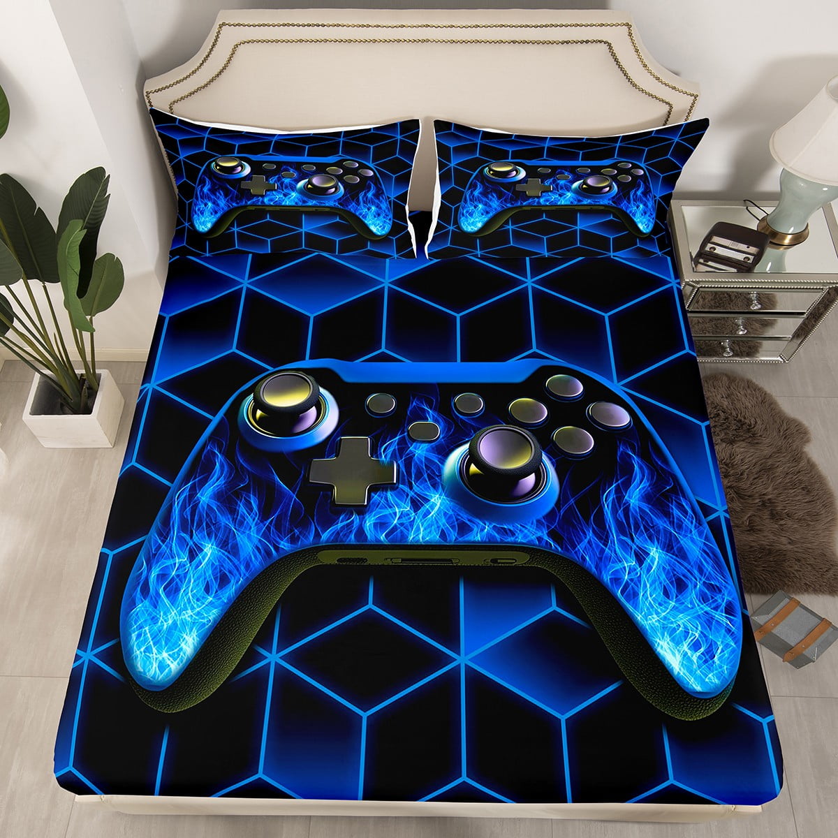 Gaming Consoles Fitted Sheet Neon Geometry Bed Sheets Twin,3D Geometric ...