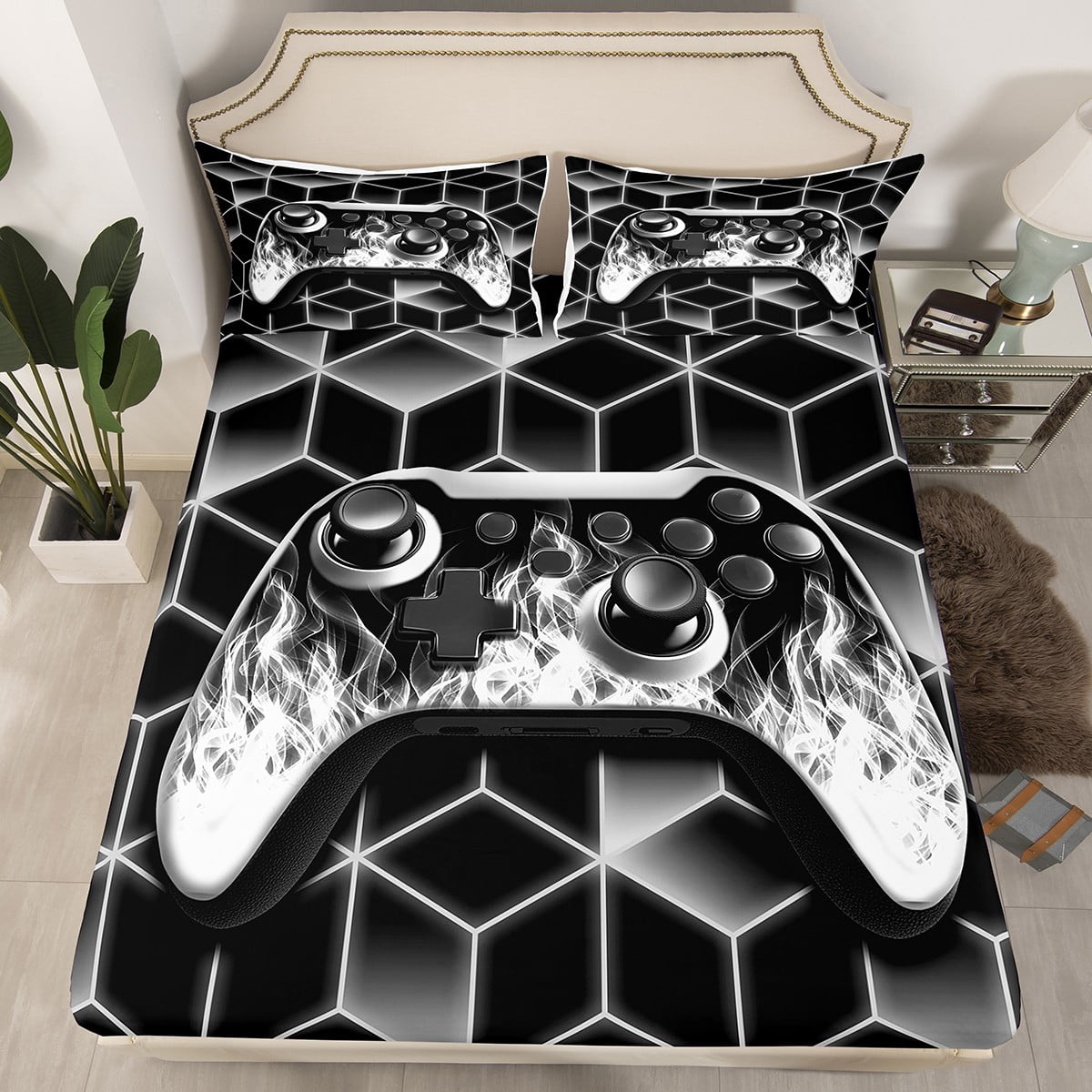 Gaming Consoles Fitted Sheet Neon Geometry Video Game Bed Sheets Queen ...