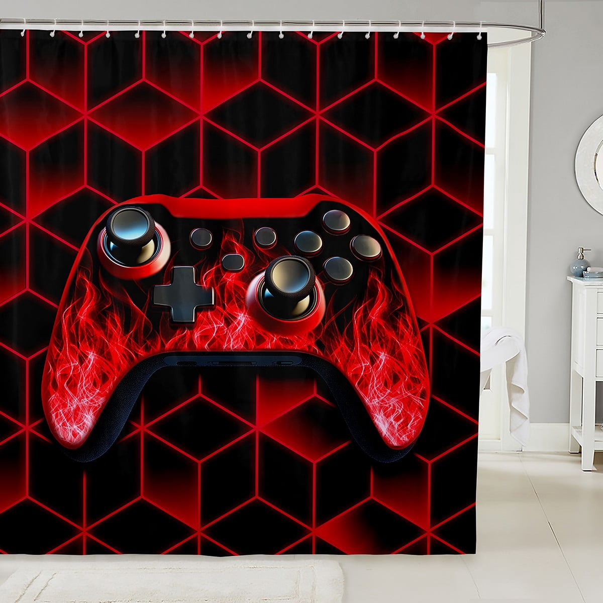 Gaming Consoles Shower Curtain Set Neon Geometry Bath Curtain 72"Wx72"L ...