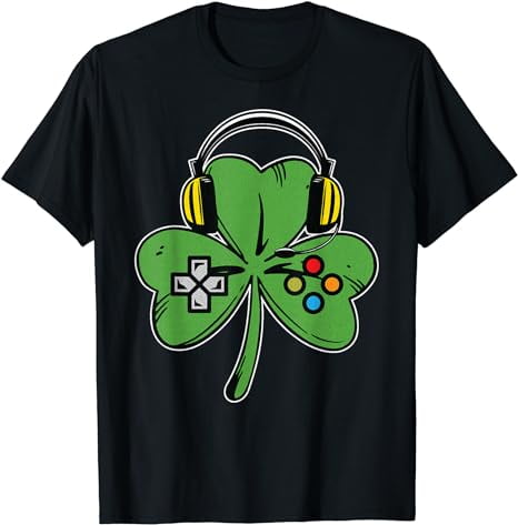 Gaming Controller St Patricks Day Shamrock Gamer Irish Gift T-Shirt ...