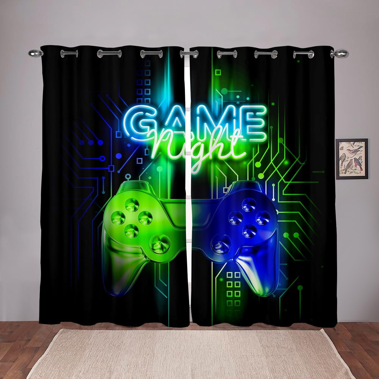 Botoutin Kids Blue Green Black Gamepad Gaming Grommet Curtains, 38" x ...