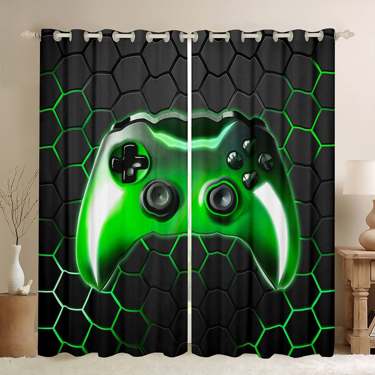 Gaming Curtains & Drapes for Boys Geometric Honeycomb Gamepad Curtains ...