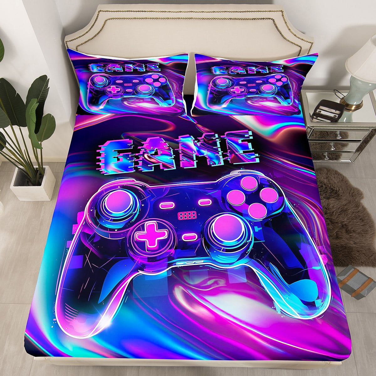 Gaming Decor Full Bed Sheets,Gamer Sheets Gradient Teal Purple Ombre ...