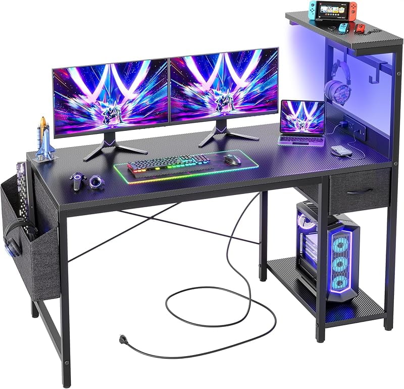Gaming Desk 40 inch with Power Outlet and LED Light, Computer Desk with ...