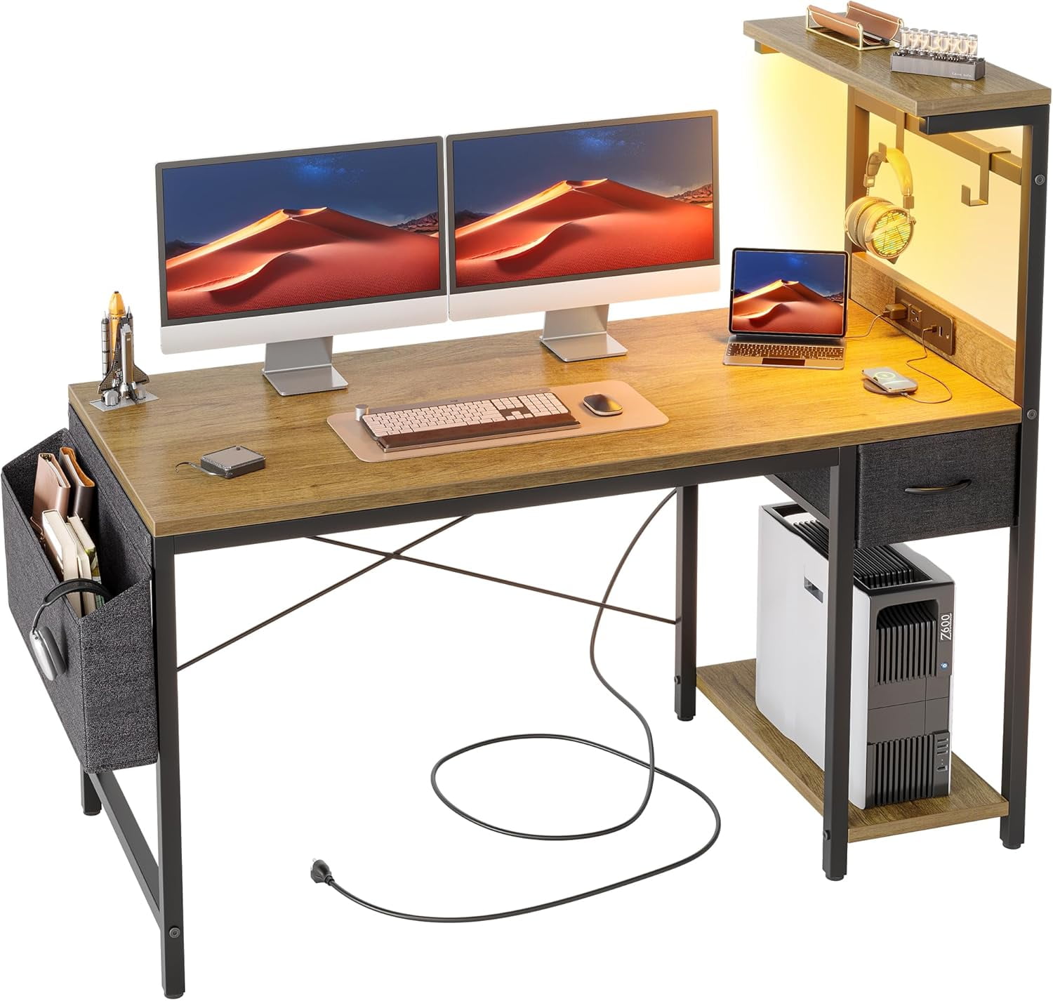 Gaming Desk 47 inch with Power Outlet and LED Light, Computer Desk with ...
