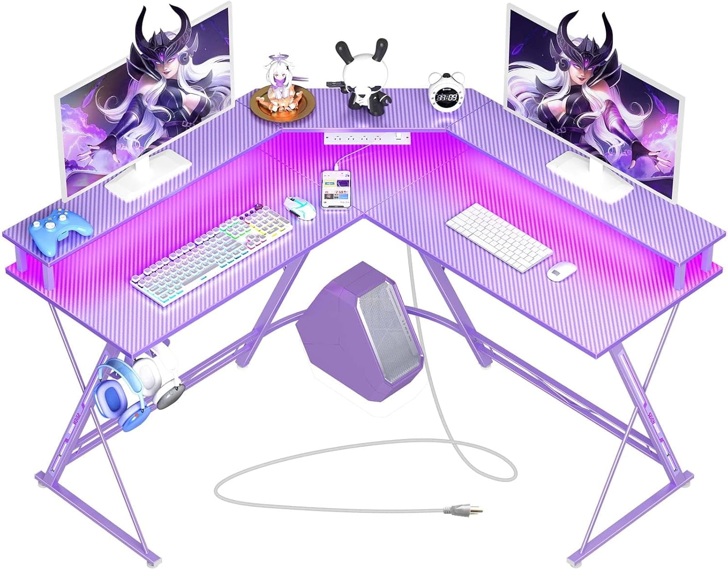 Gaming Desk 50.4” with LED Light & Power Outlets, L-Shaped Gaming Desk ...