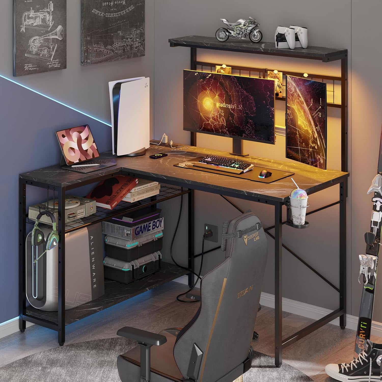Gaming Desk 51" L-Shaped, with Power Outlets & LED Lights- 4 Tier ...
