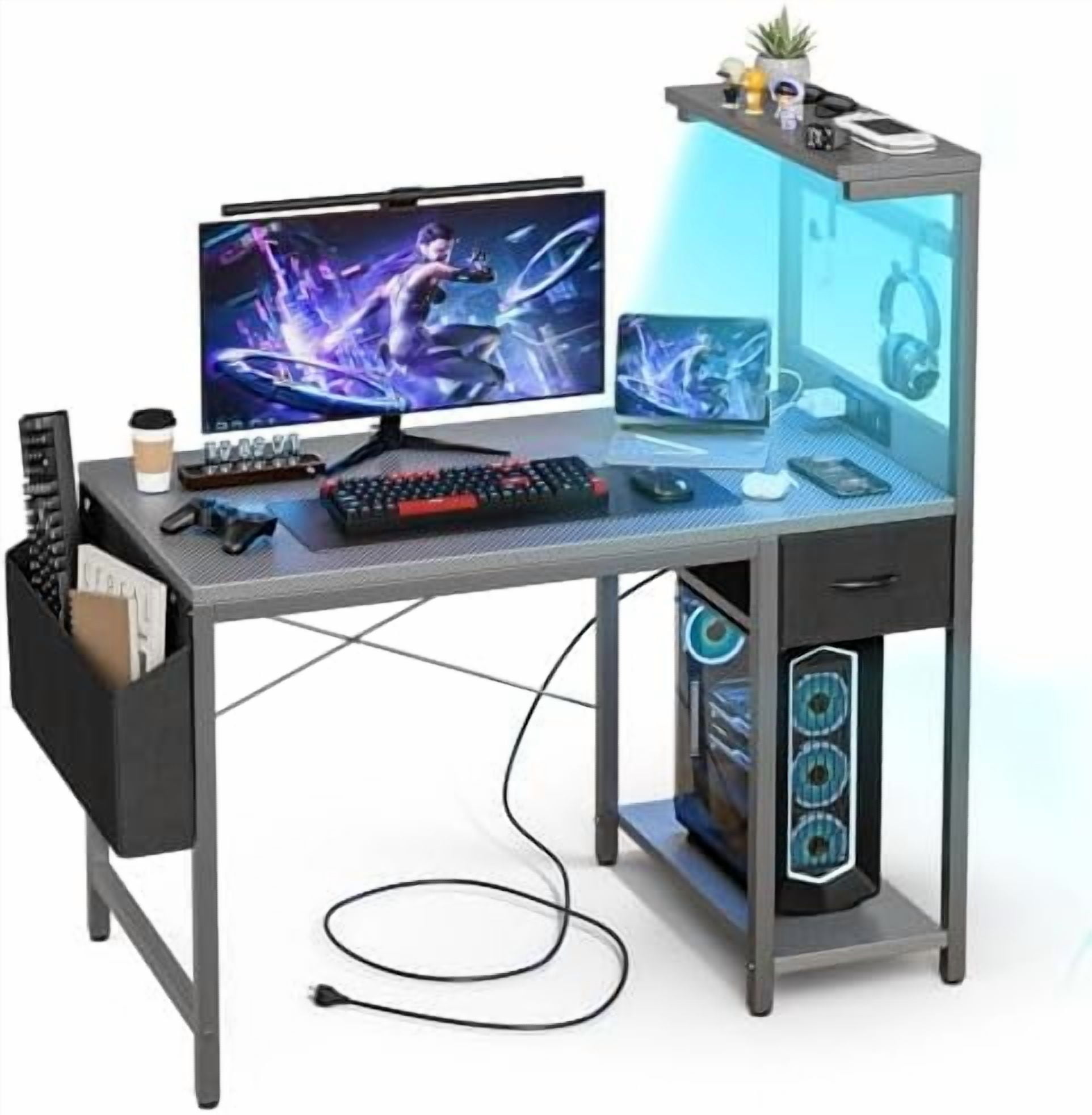 Gaming Desk 55 Inch with Power Outlet and LED Light, Computer Desk with ...
