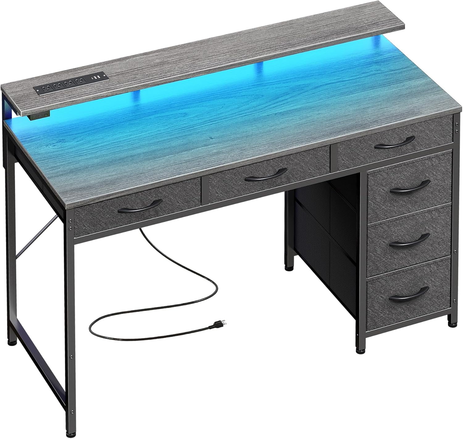Gaming Desk with 6 Drawers, Computer Desk with LED Lights Power Outlets ...