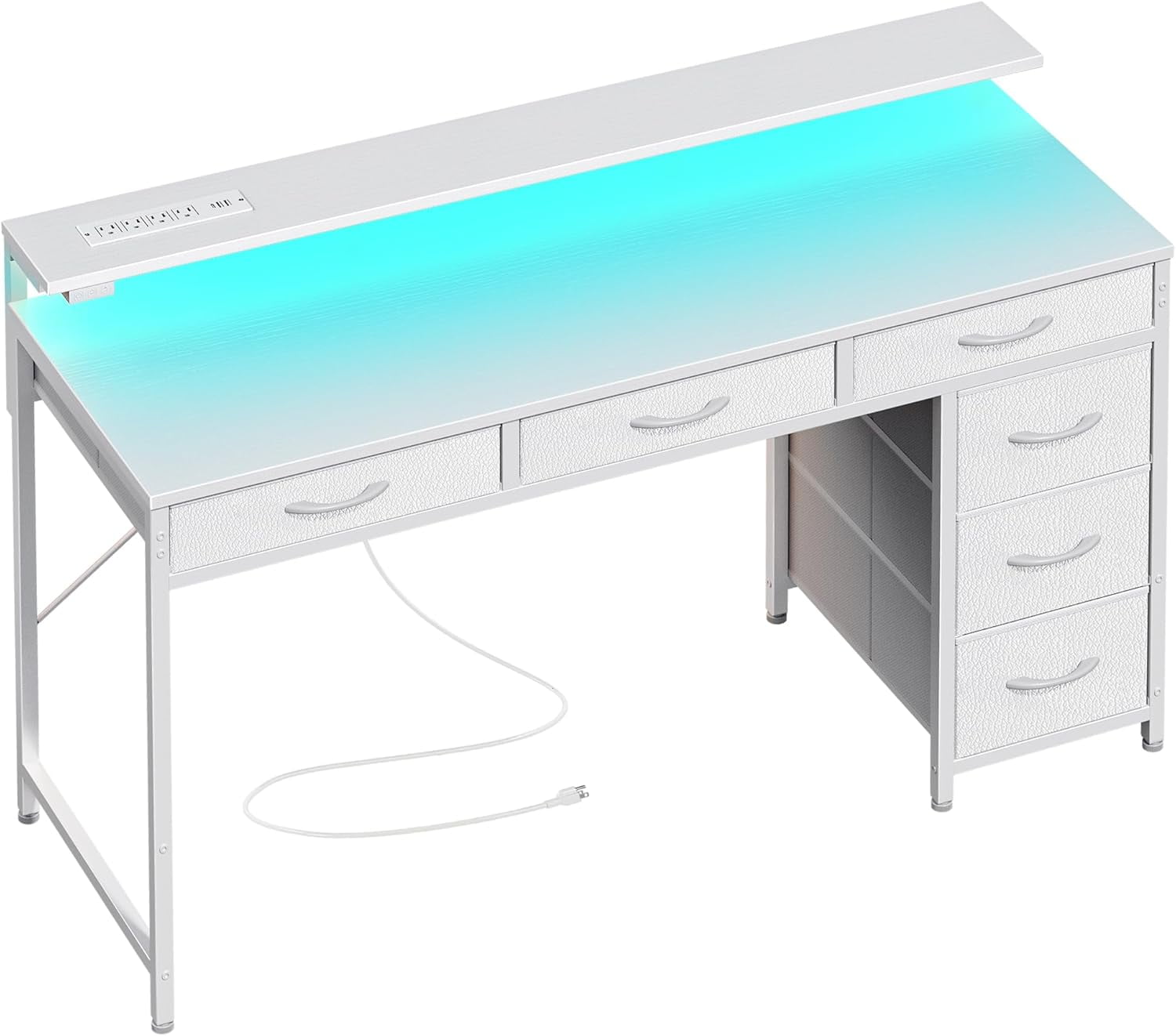 Gaming Desk with 6 Drawers, Computer Desk with LED Lights Power Outlets ...