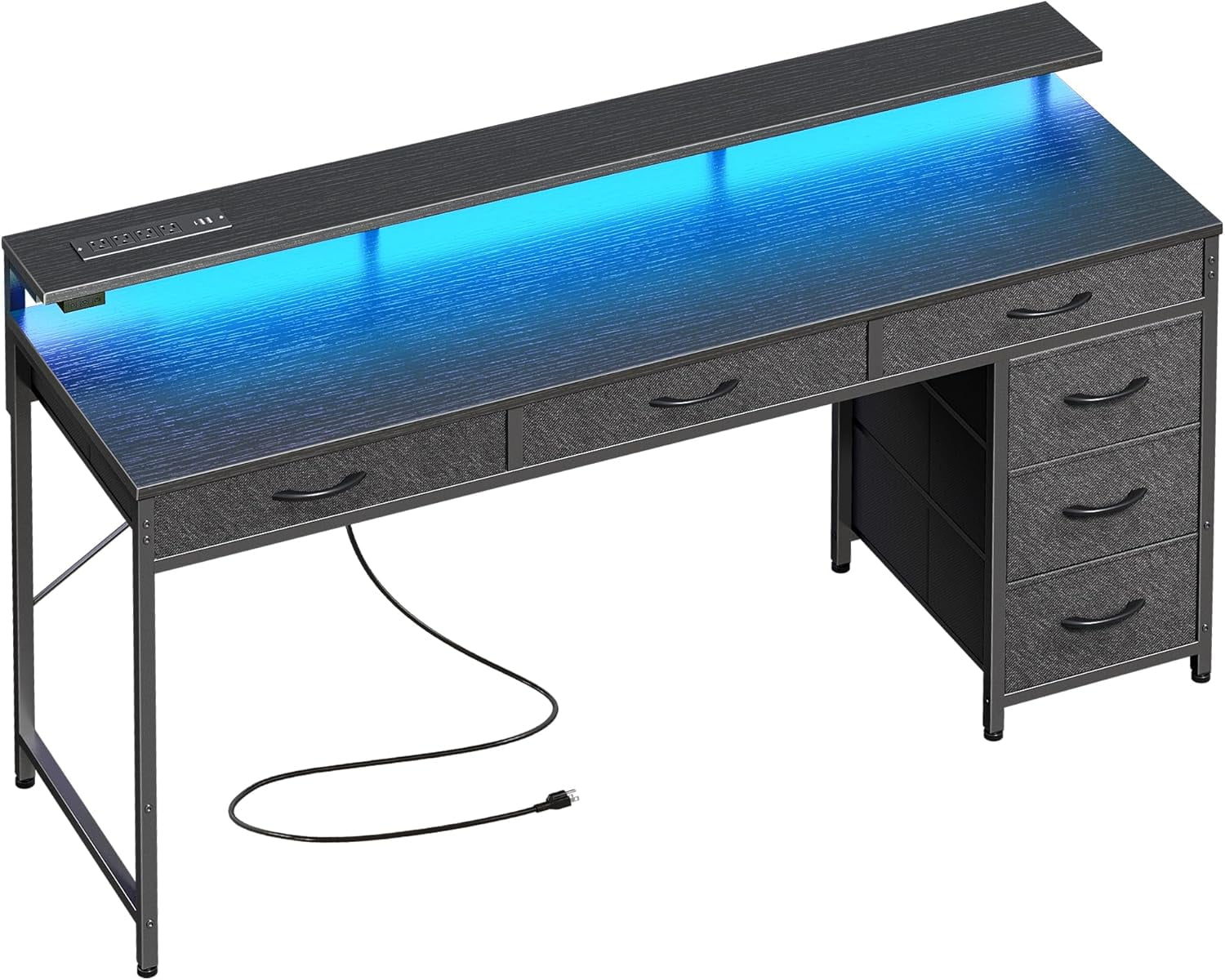 Gaming Desk with 6 Drawers, Computer Desk with LED Lights Power Outlets ...