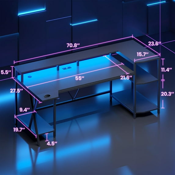 Gaming Desk 70.8'' with LED Lights and Storage Shelves, Computer Desk ...