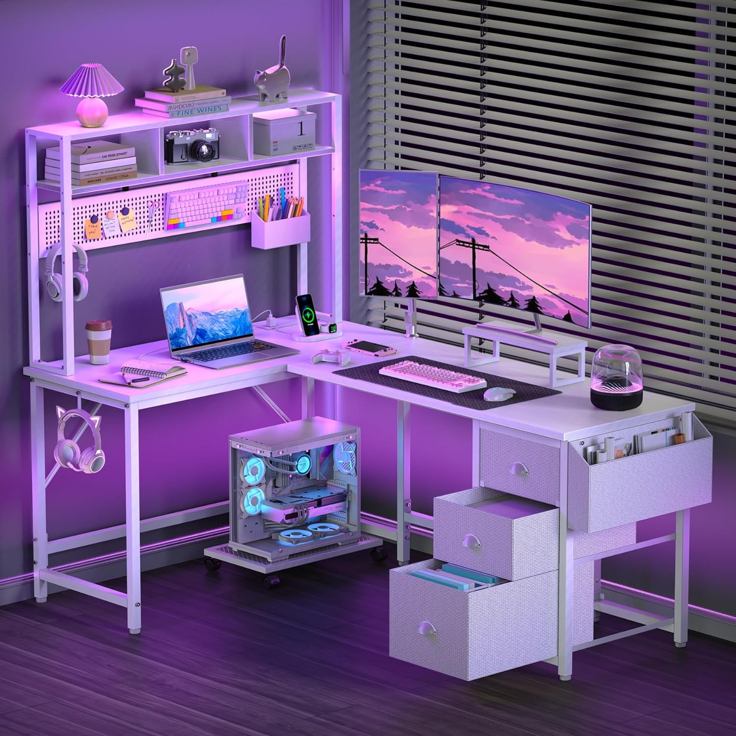 Gaming Desk Computer Desk with Pegboard & Shelves Large L Shaped Desk ...