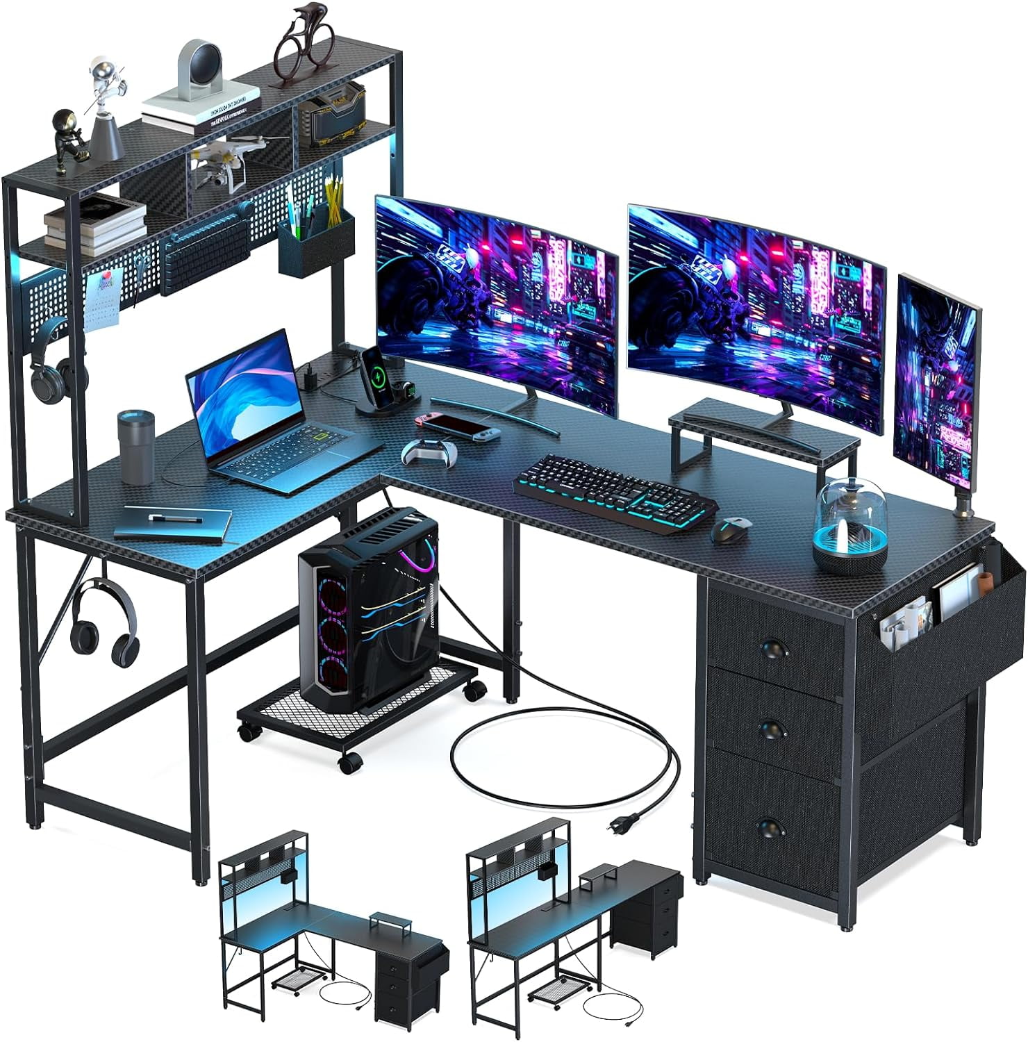Gaming Desk Computer Desk with Pegboard & Shelves Large L Shaped Desk ...